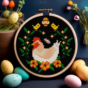 Easter Hen and Chicks Cross Stitch Pattern PDF Easter Cross Stitch Hello Spring Floral Chicken ...