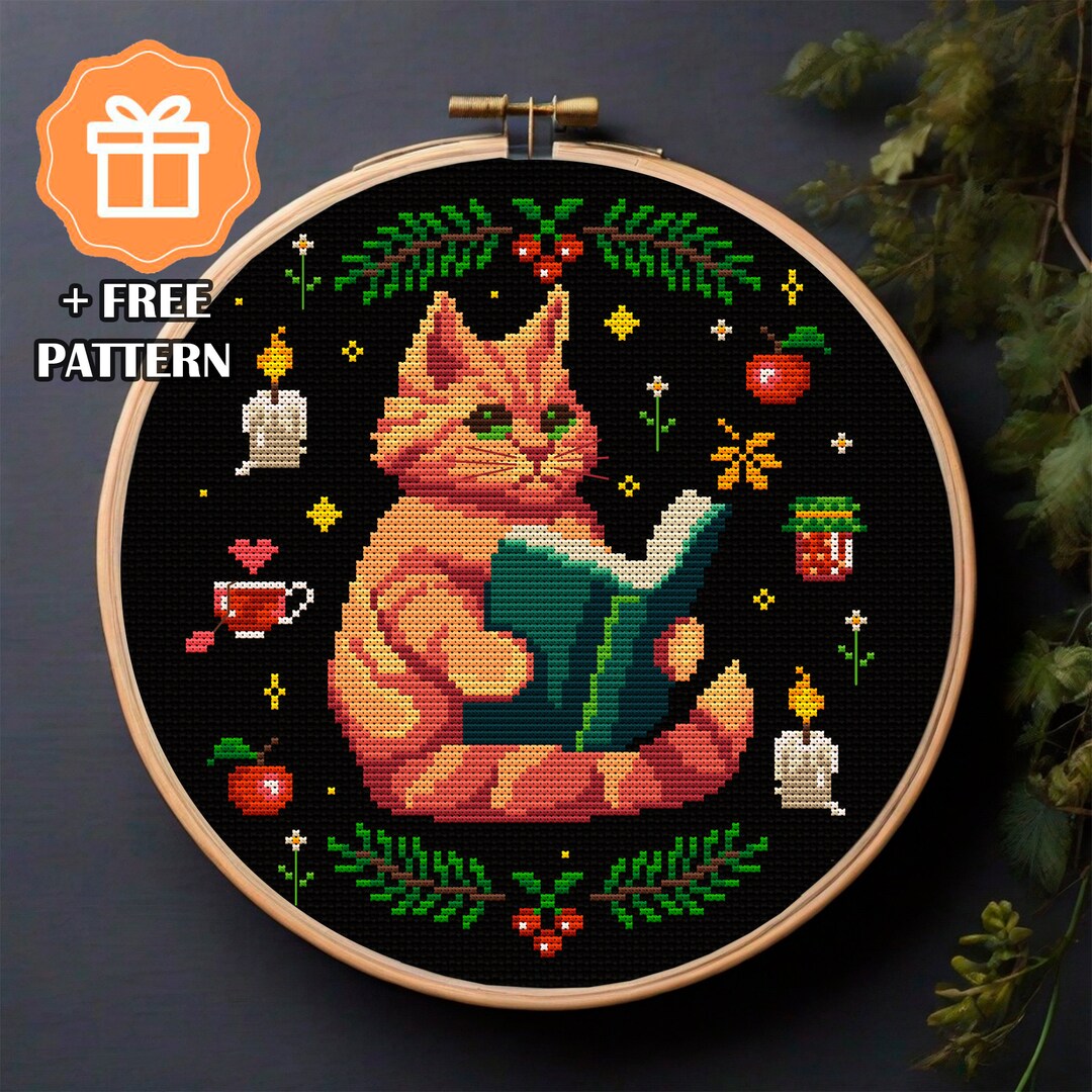 Magical Cat Reads a Book, Witchy Cross Stitch Pattern PDF, Cat ...