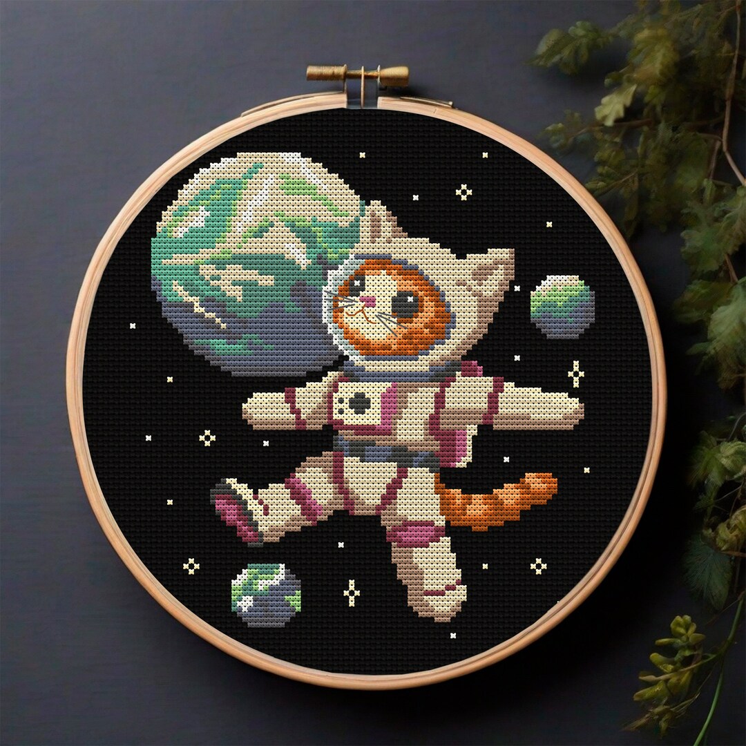 Astronaut Cat Space Cross Stitch Pattern PDF Solar System Embroidery ...