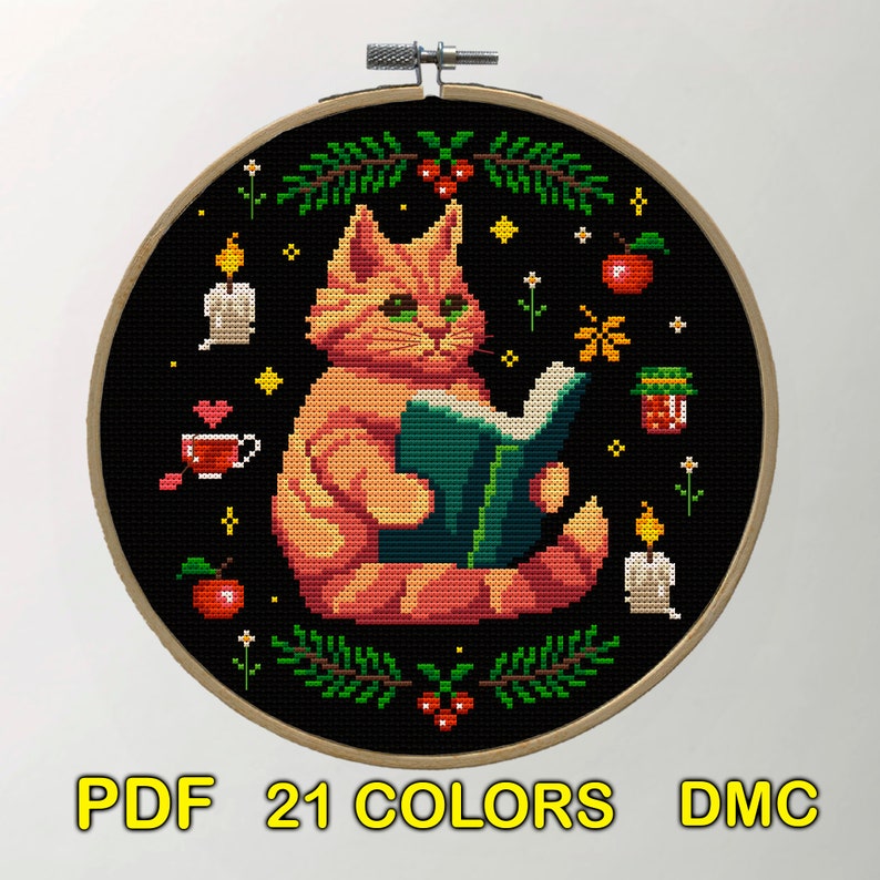 Cute Cat Reading Cross Stitch Pattern PDF, Funny Cat Embroidery, Dark ...
