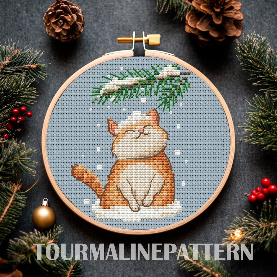 Christmas Cat Cross Stitch Pattern PDF, Funny Cat Embroidery, Snowy ...