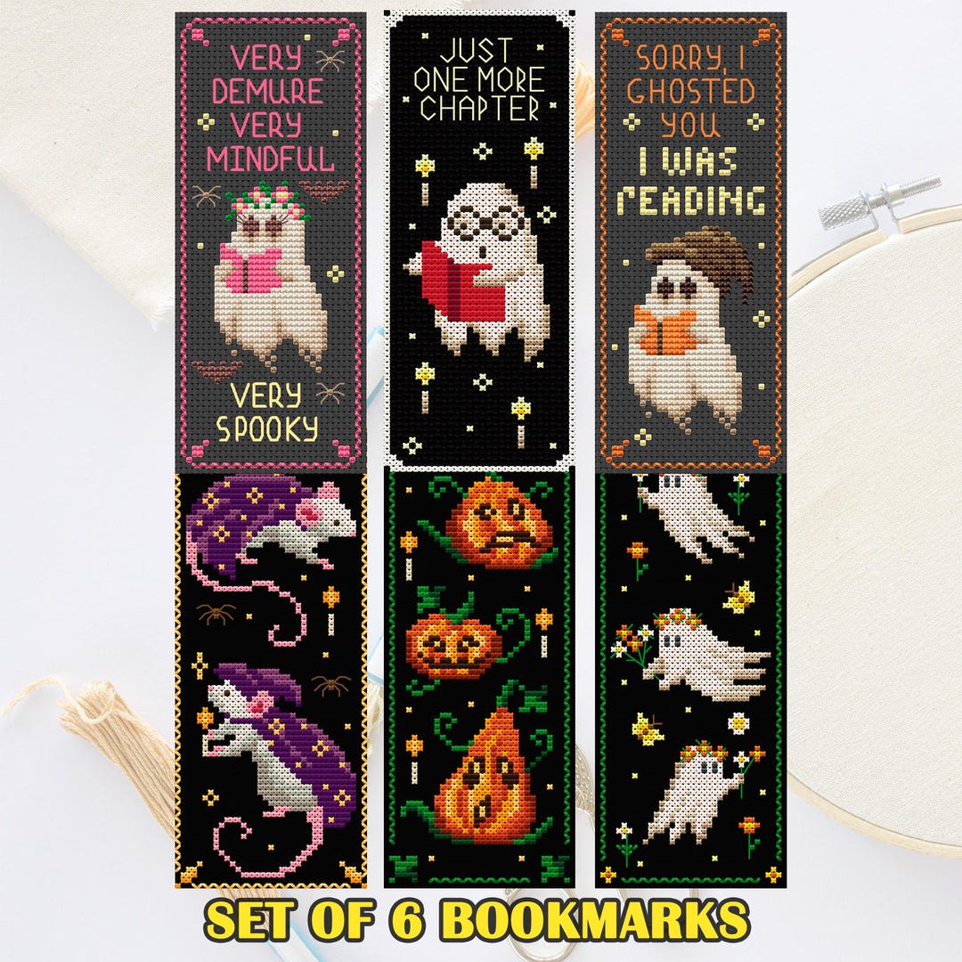 Halloween Cross Stitch Bookmark Set, Cute Ghosts, Pumpkins and Rats ...