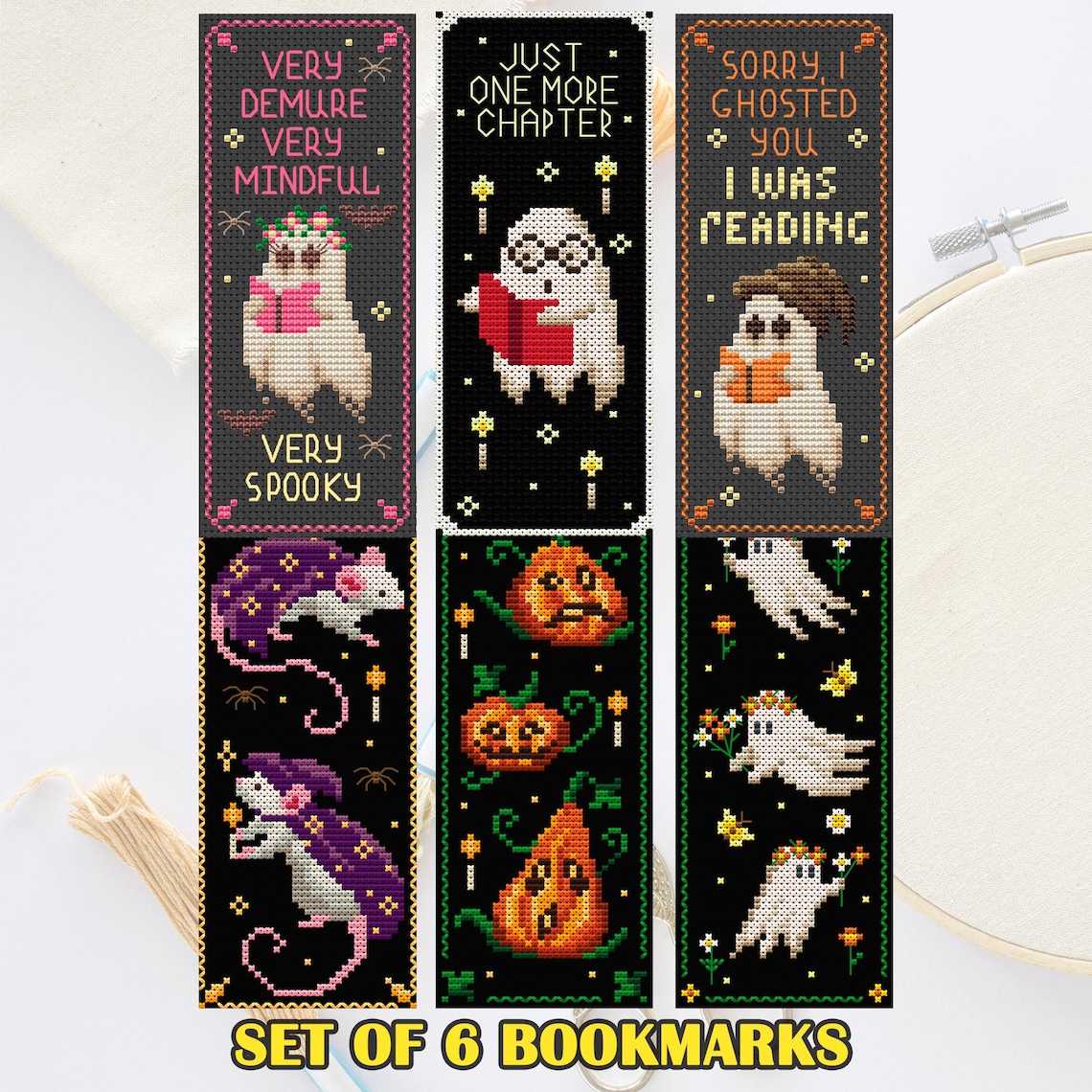 Halloween Cross Stitch Bookmark Set, Cute Ghosts, Pumpkins and Rats ...