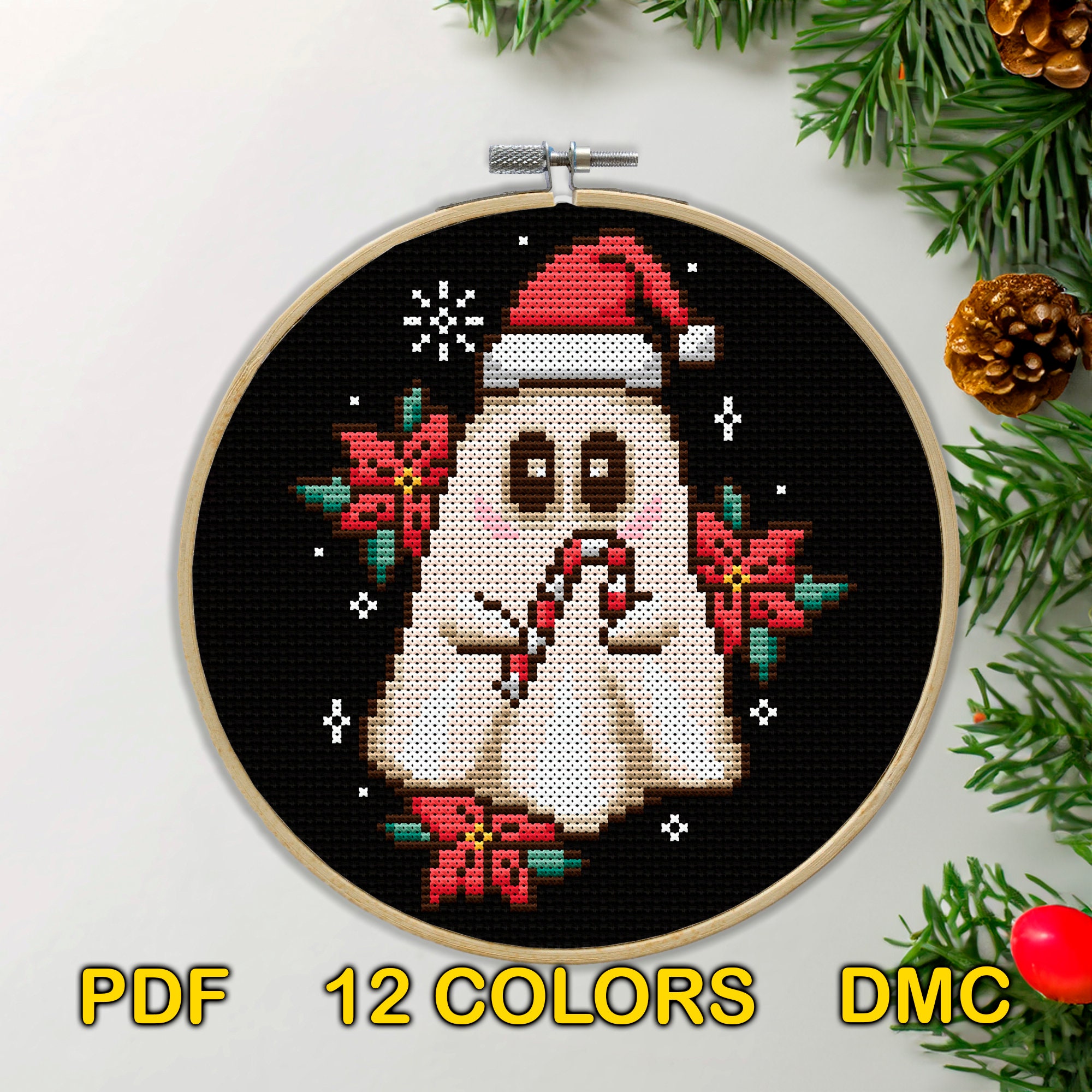 Christmas Cute Ghost Cross Stitch Pattern Ghost in Flowers Embroidery ...