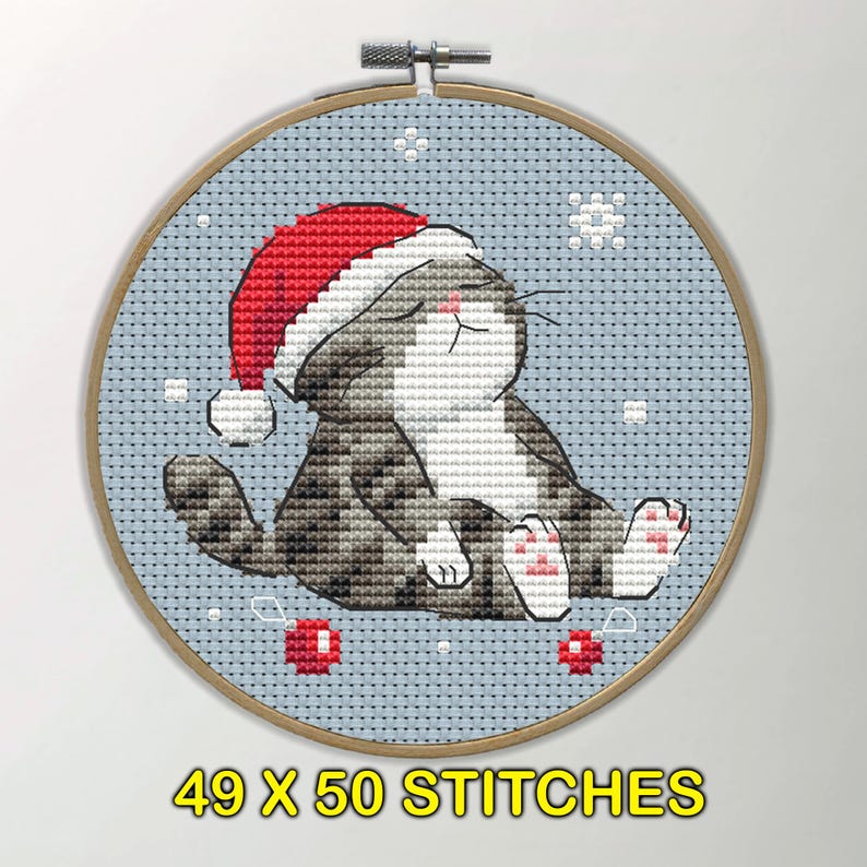 Christmas Cat Cross Stitch Pattern PDF – Sleeping Grey Tabby Cat, Mini ...