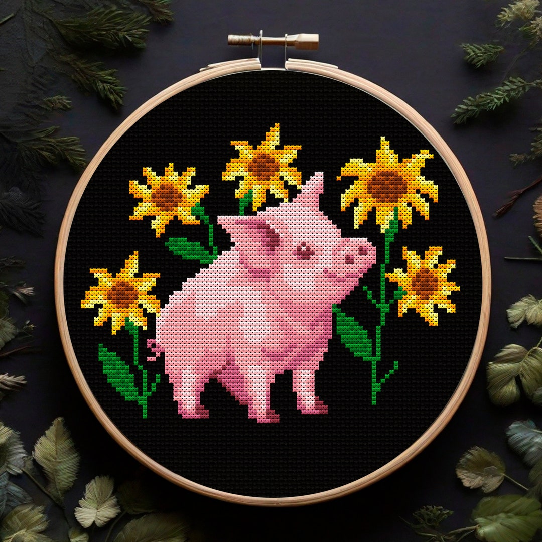 Piggie Among Sunflowers Cottagecore Cross Stitch Pattern PDF Flower ...