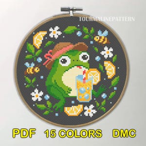 Summer Frog Cross Stitch Pattern PDF, Cute Summer Toad With Lemonade ...