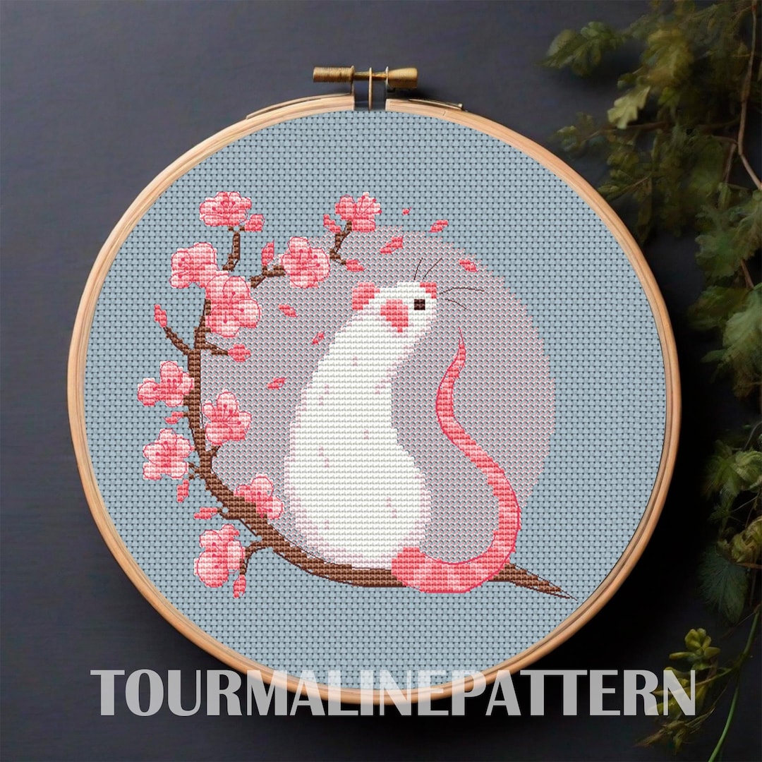 Cherry Blossom Rat Cross Stitch Pattern PDF, Funny Floral Mouse ...