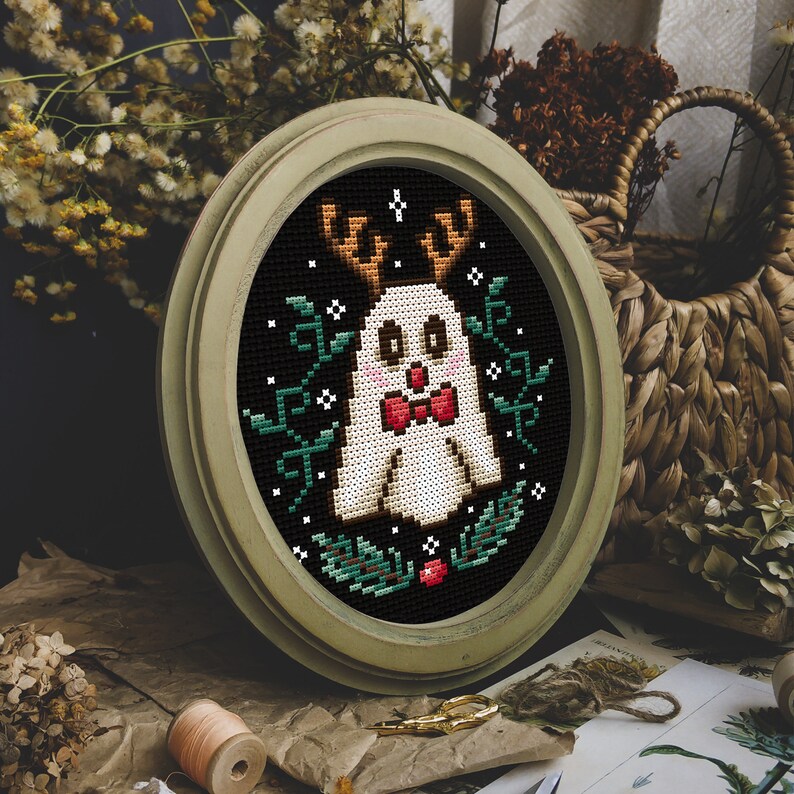 Christmas Deer Ghost Cross Stitch Pattern Cute Ghost Embroidery Design ...