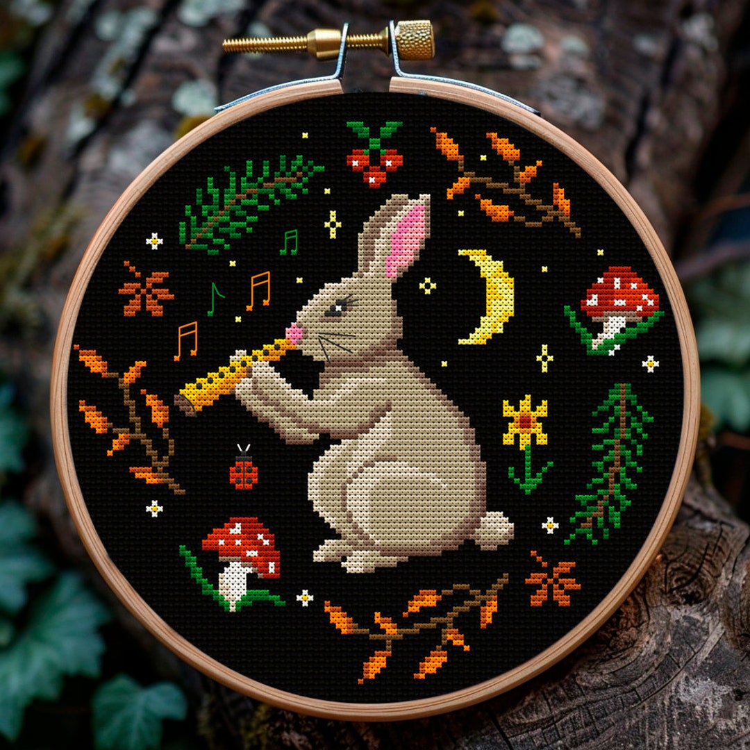 Rabbit Plays Flute, Cottagecore Cross Stitch Pattern PDF, Woodland ...