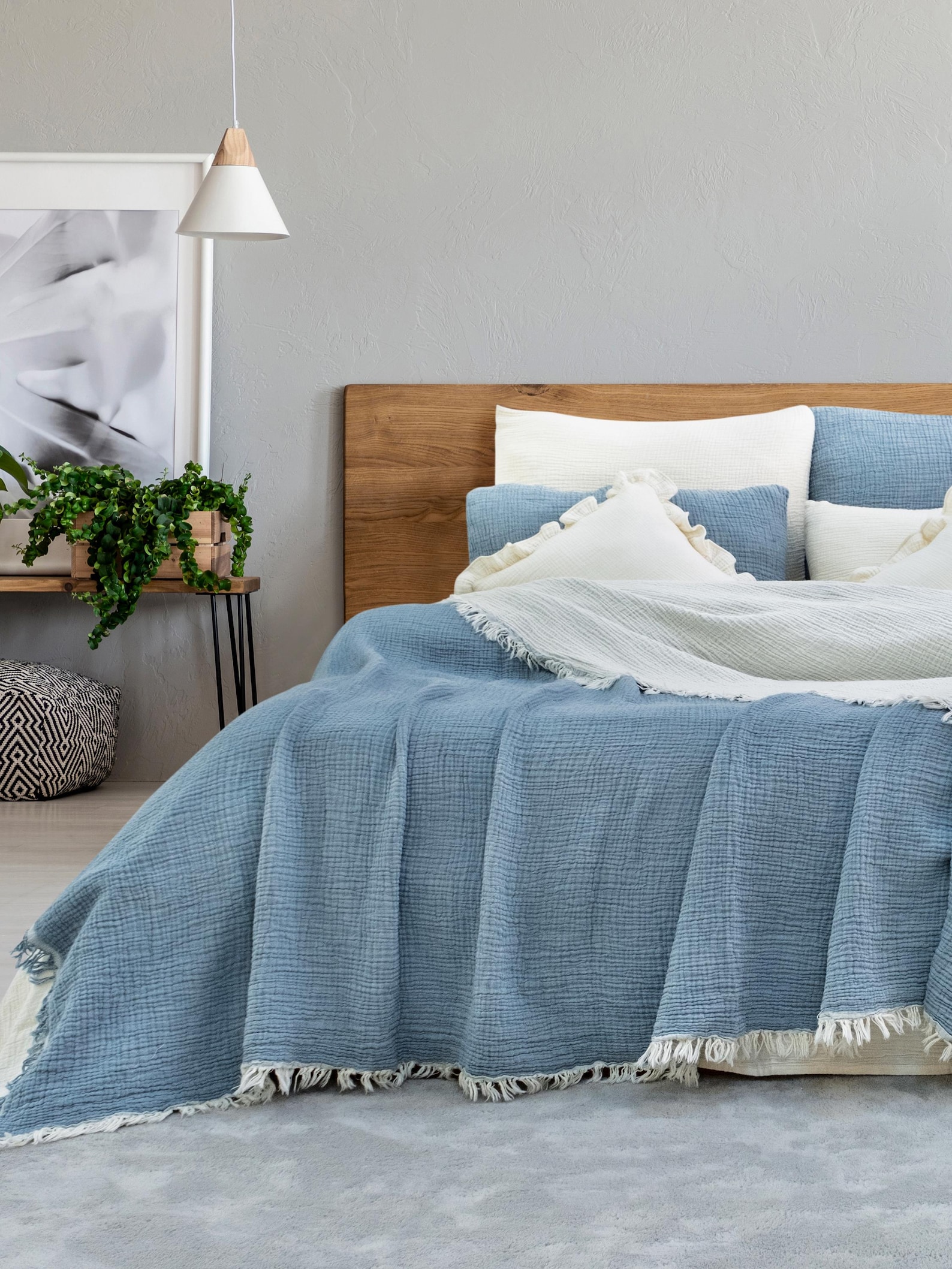 Muslin Soft Blanket Denim Blue Reversible Bedspread,all-season Bedding ...