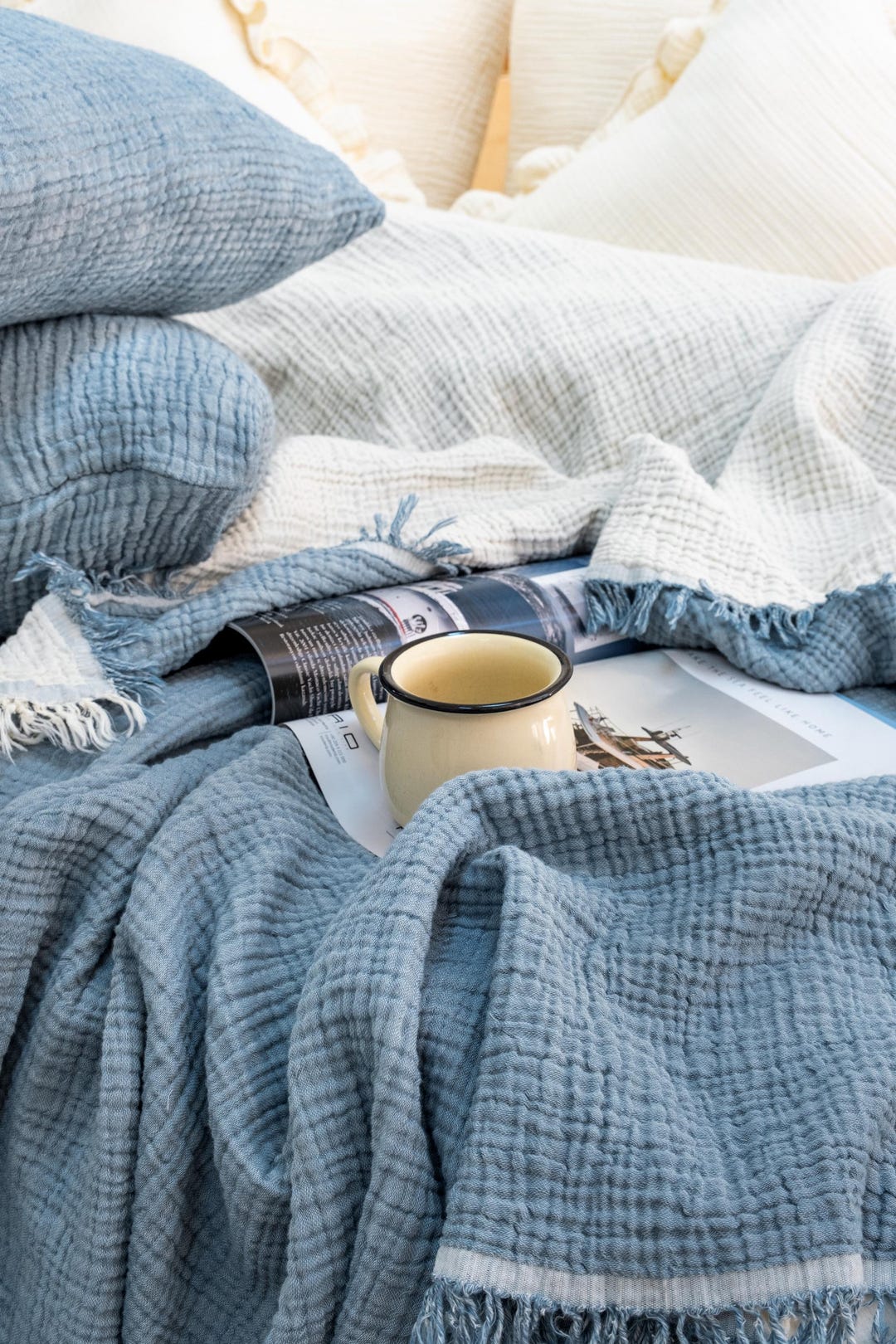 Muslin Soft Blanket Denim Blue Reversible Bedspread,all-season Bedding ...