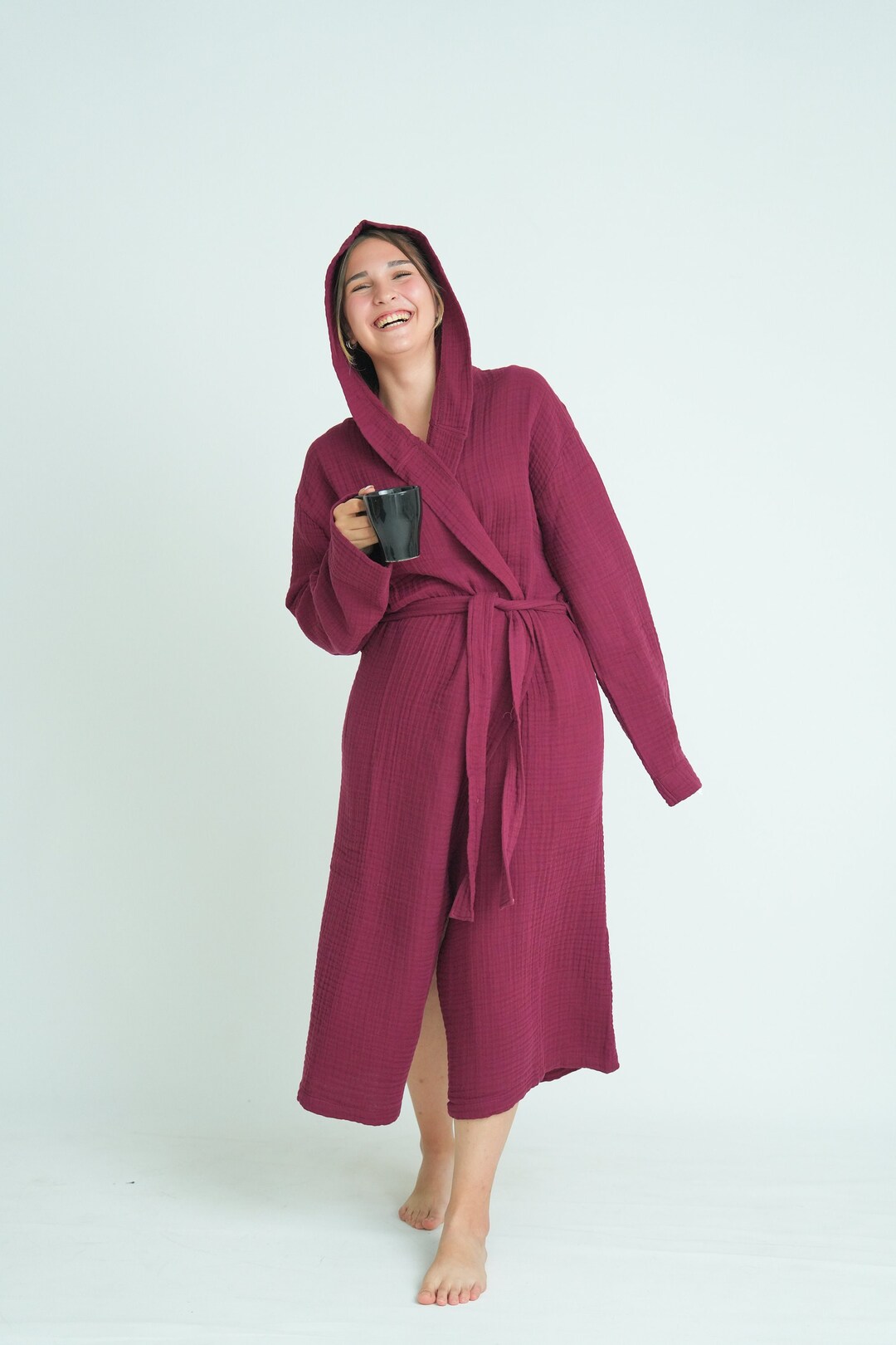 Hooded Long Muslin Burgundy Robe, Organic Cotton Bathrobe, Cozy ...