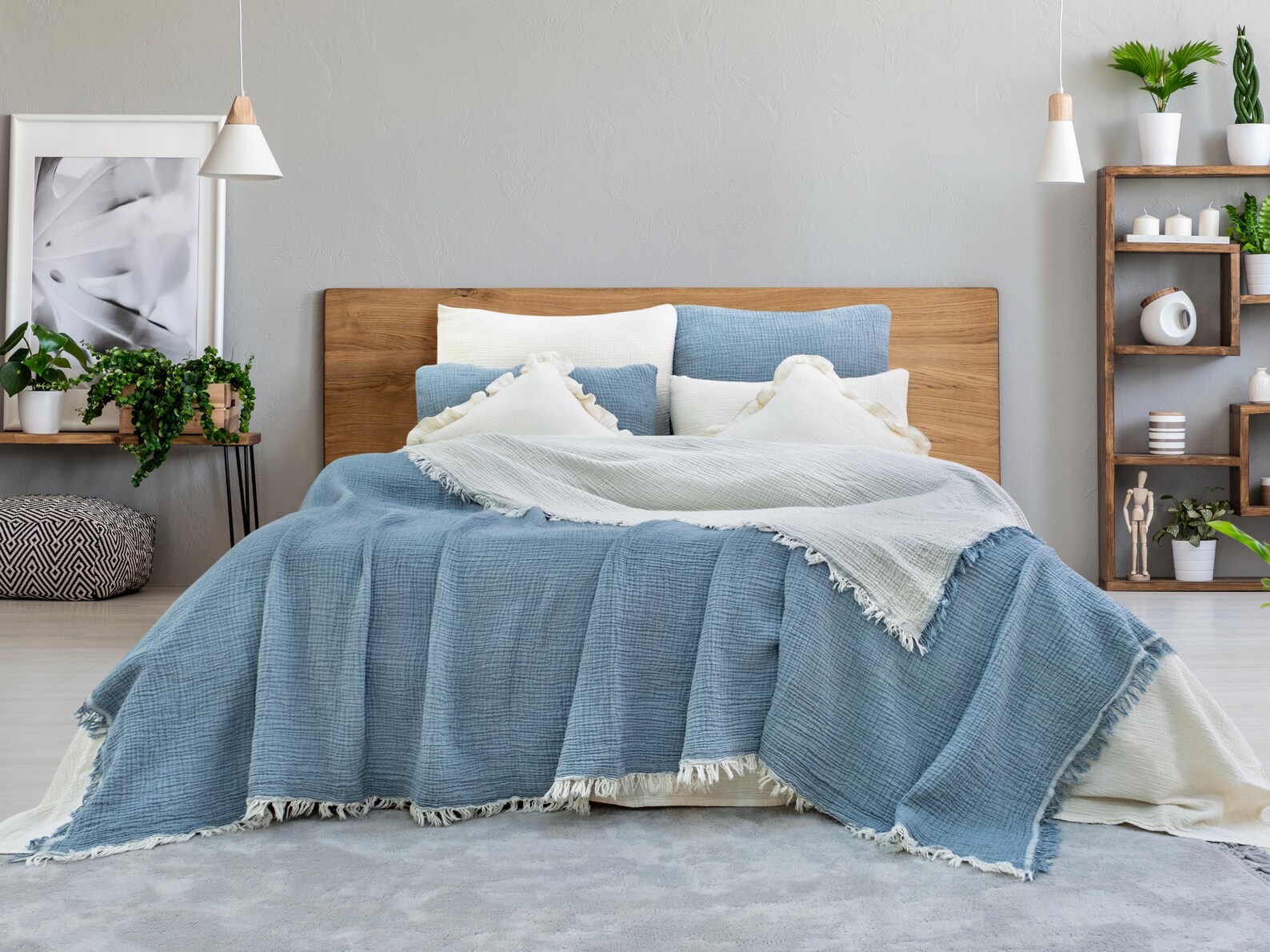 Muslin Soft Blanket Denim Blue Reversible Bedspread,all-season Bedding ...