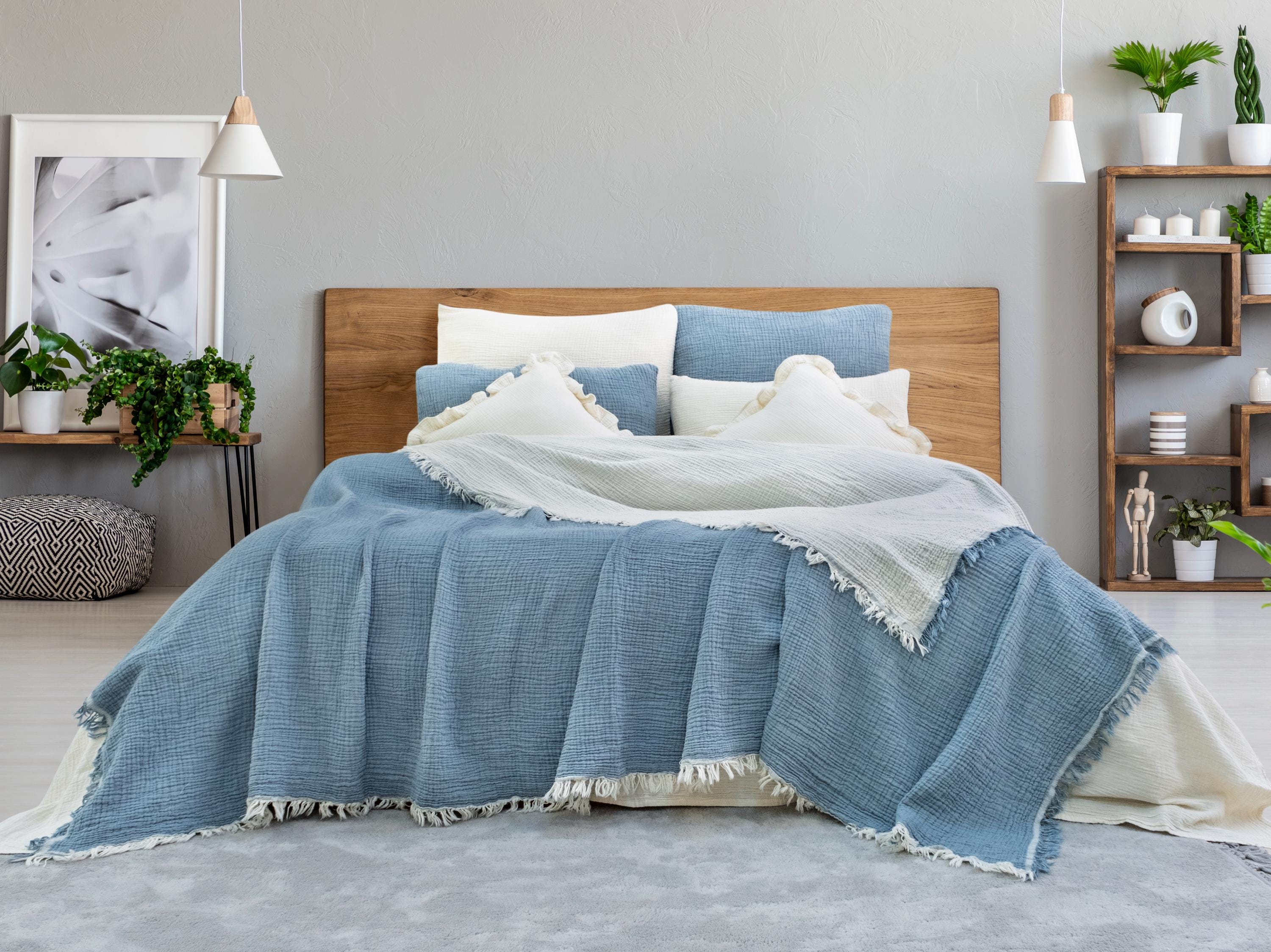 Muslin Soft Blanket Denim Blue Reversible Bedspread,all-season Bedding ...