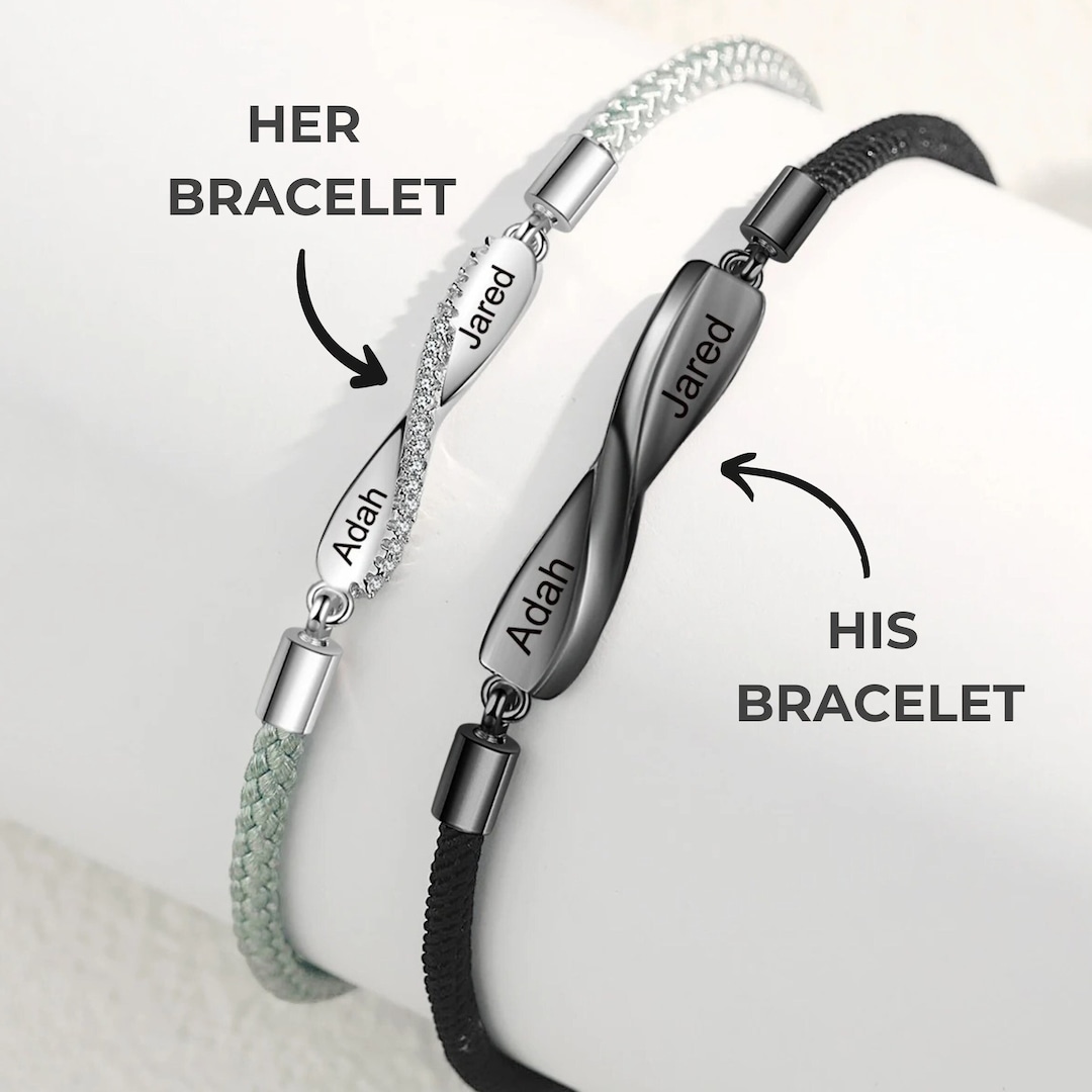 Magnetic Couple Bracelets: Matching Bracelets Silver & Black, Engraved ...
