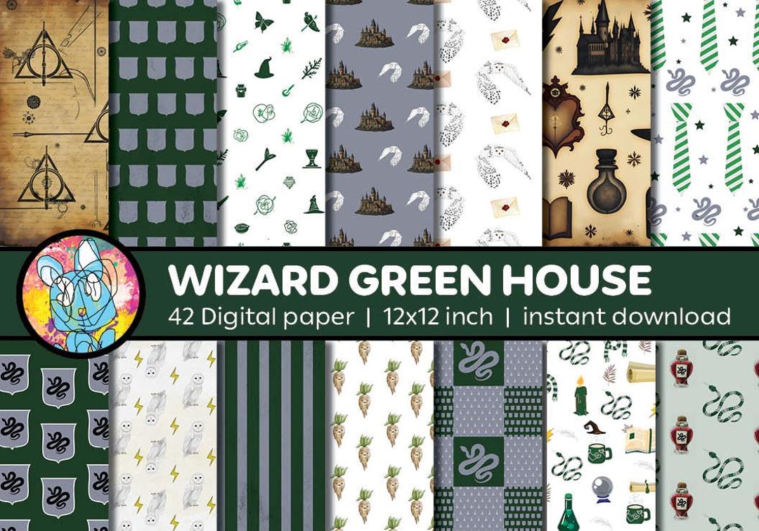 Magic School Wizard House GREEN Digital Paper | Wizard Junk Journal ...