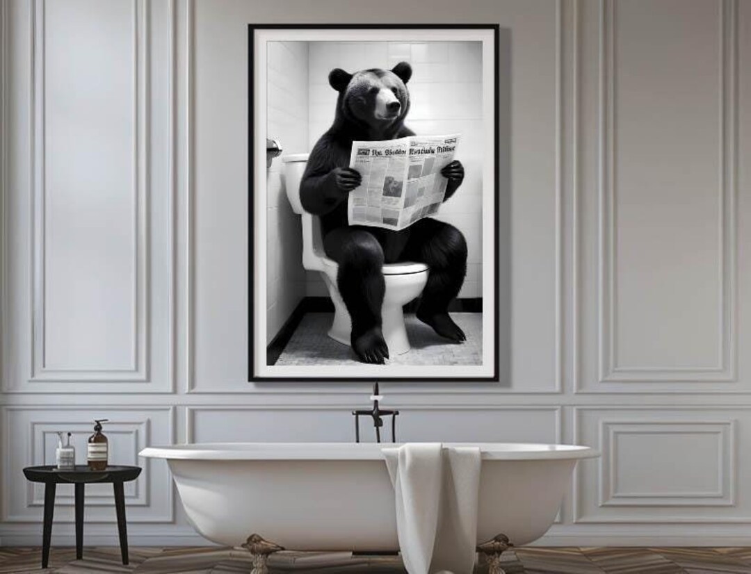 Bear on Toilet Wall Art Funny Poster | Bathroom Art | Bear Toilet ...