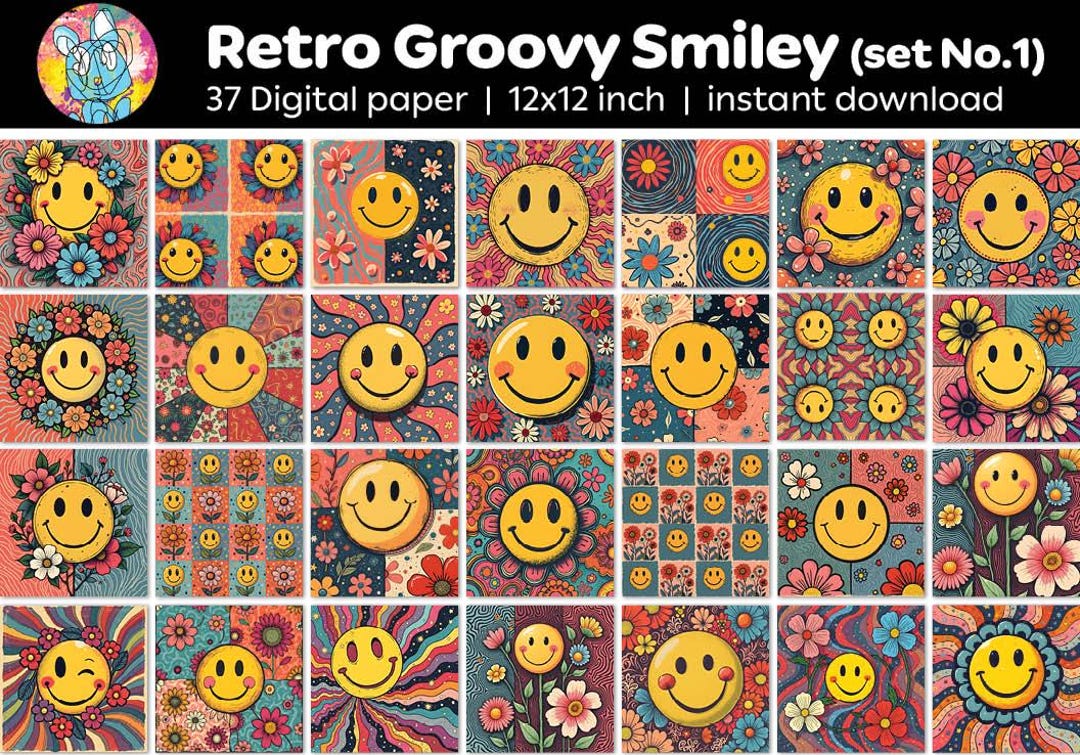 Retro Groovy Digital Paper | Smiles Scrapbook Art | Smiles Background ...