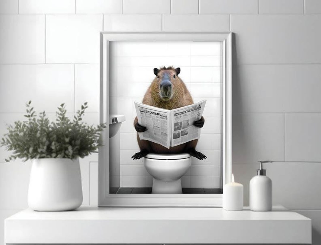 Capybara Sitting on the Toilet Reading Newspaper Wall Art | Capybara ...