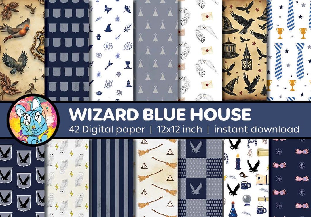Magic School Wizard BLUE House Digital Paper | Wizard Junk Journal ...