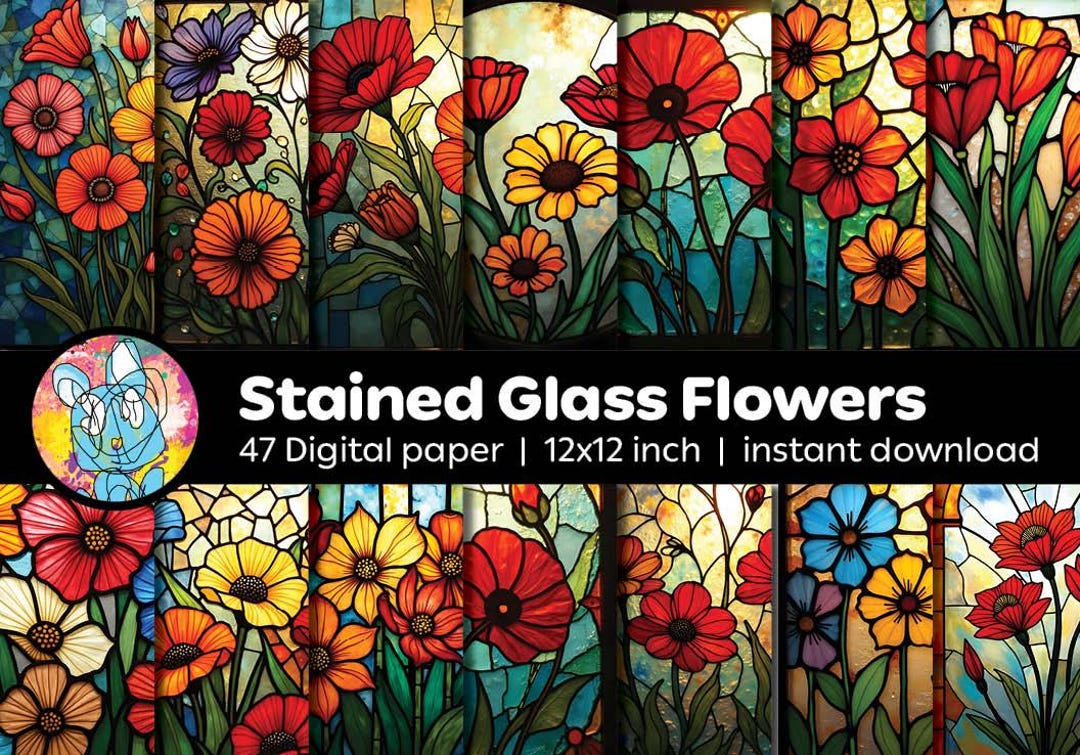 Stained Glass Patterns Digital Paper | Stained Glass Spring Flowers ...