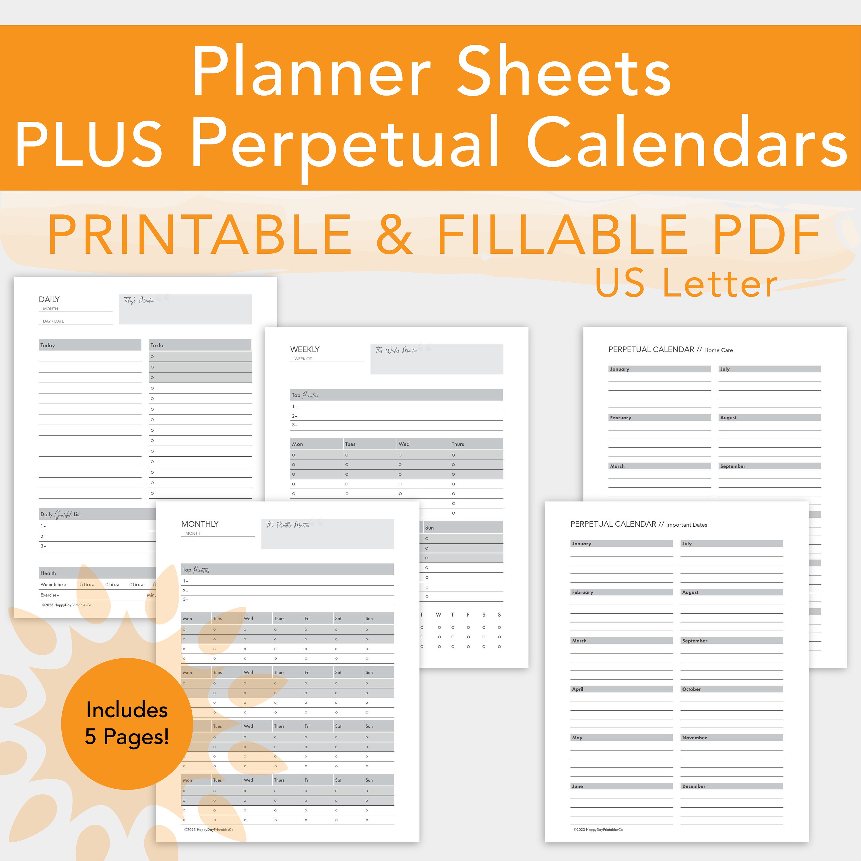 Planner Sheets Plus Perpetual Calendars, PDF Downloadable Printable ...