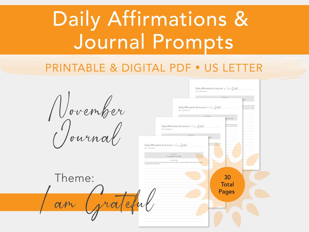 Daily Affirmations Journal Prompts for November, Grateful, PDF ...