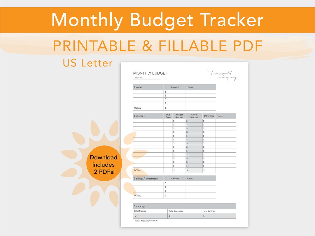 Monthly Budget Sheet, Digital PDF Downloadable Printable Fillable ...