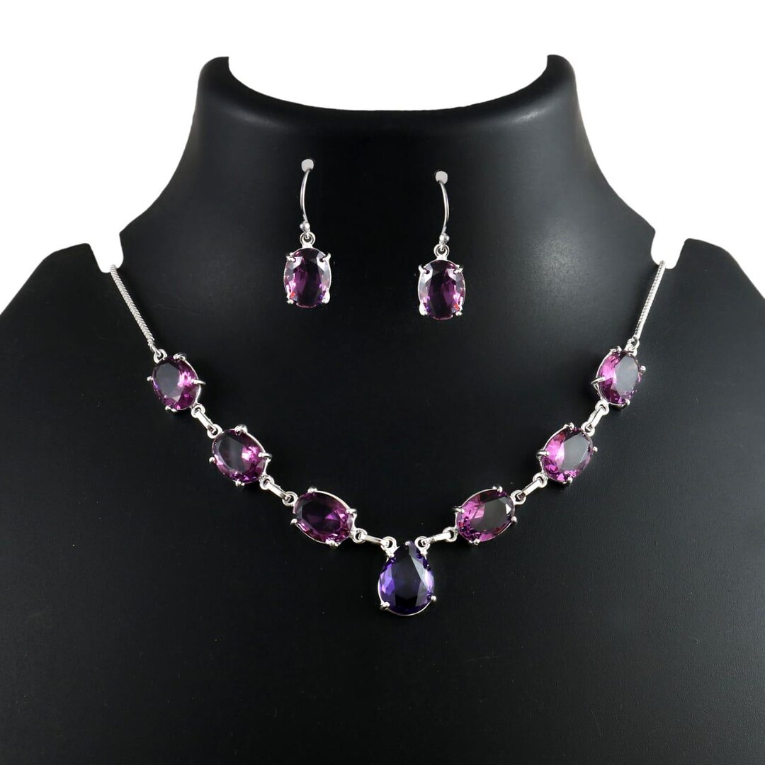 Amethyst Necklace and Earrings Set: Sterling Silver Oval Gemstone ...