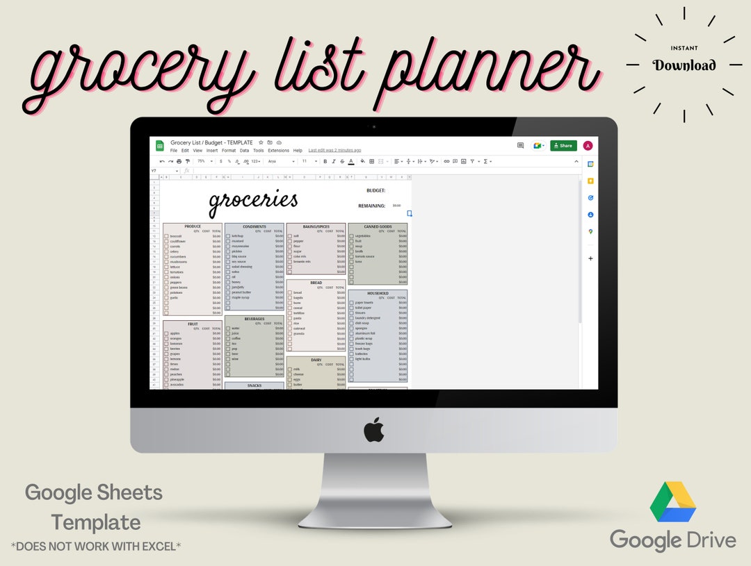 Grocery List Google Template, Grocery Budgeting, Grocery Planner With ...
