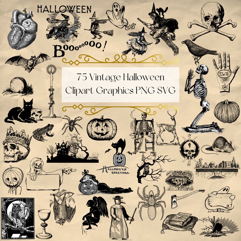 75 Vintage Halloween Clipart PNG SVG, Transparent Background, Digital ...