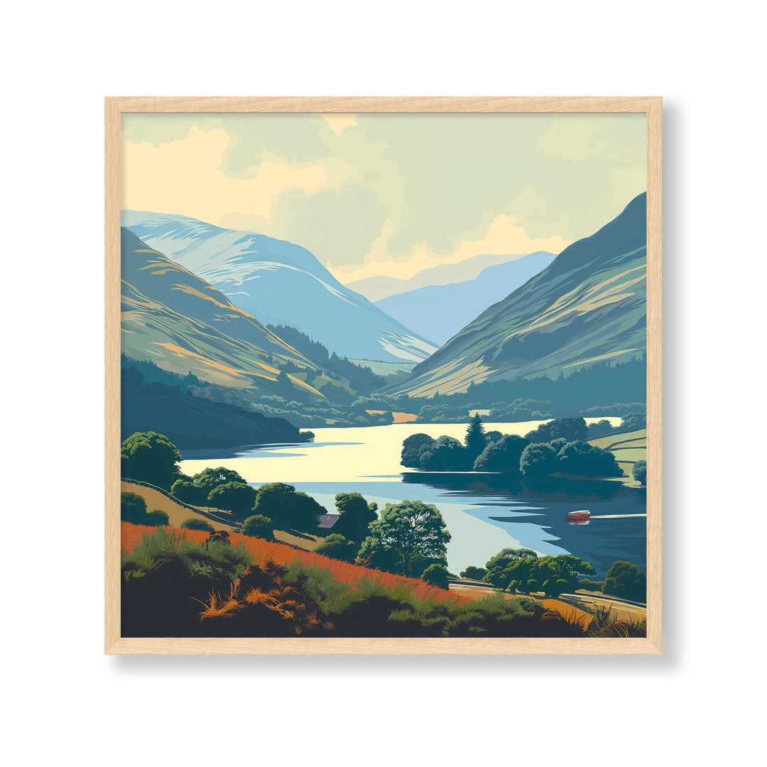 Abstract Woodcut Style Print Lake Windermere, Lake District Landscape ...