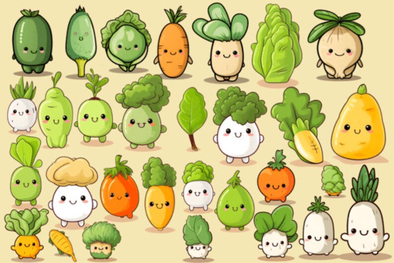 Cute Vegetable Clipart, Chibi Vegetables, Cute Clipart, Kawaii Clipart ...
