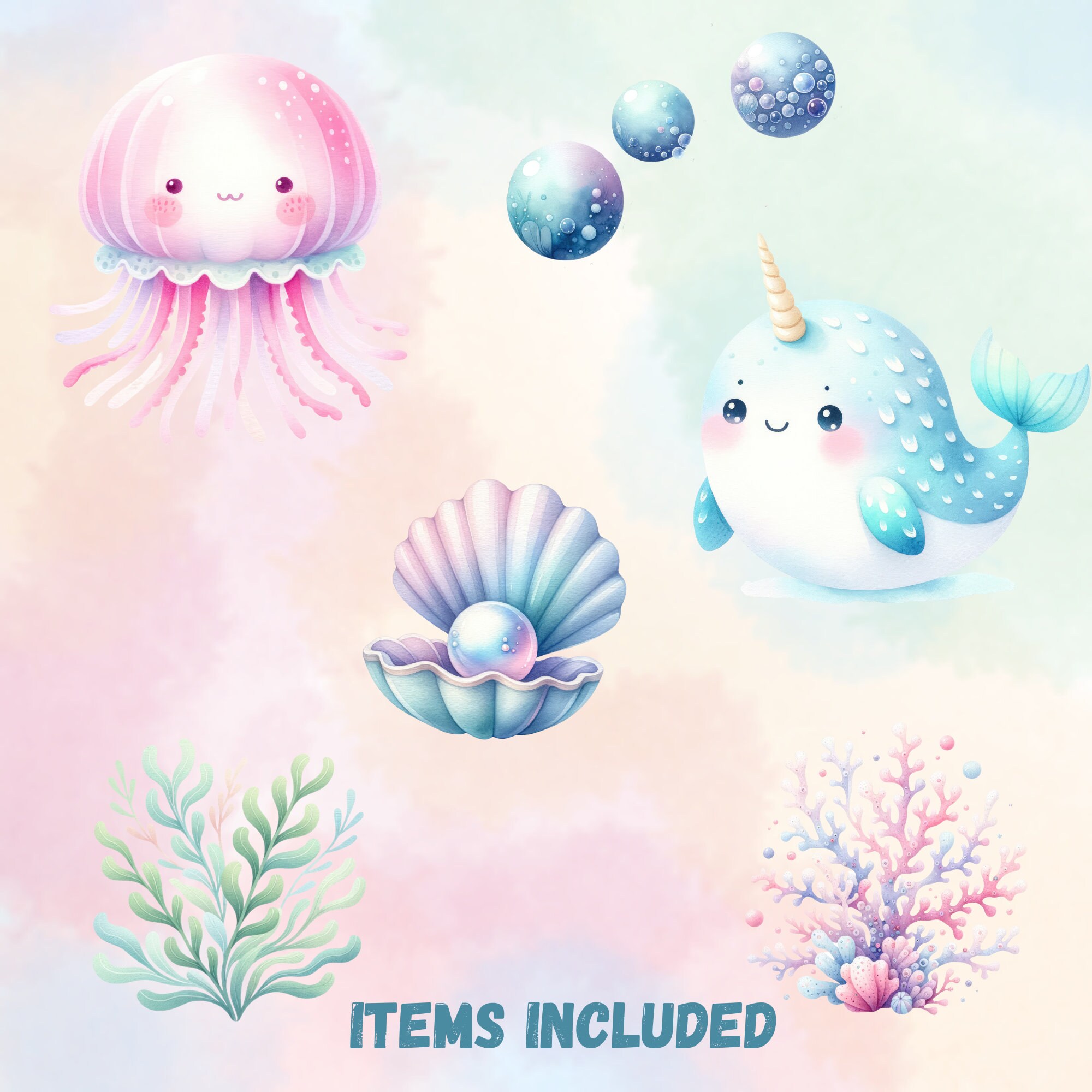 Adorable Ocean Clipart Set Cute Underwater Sea Creatures and Nautical ...