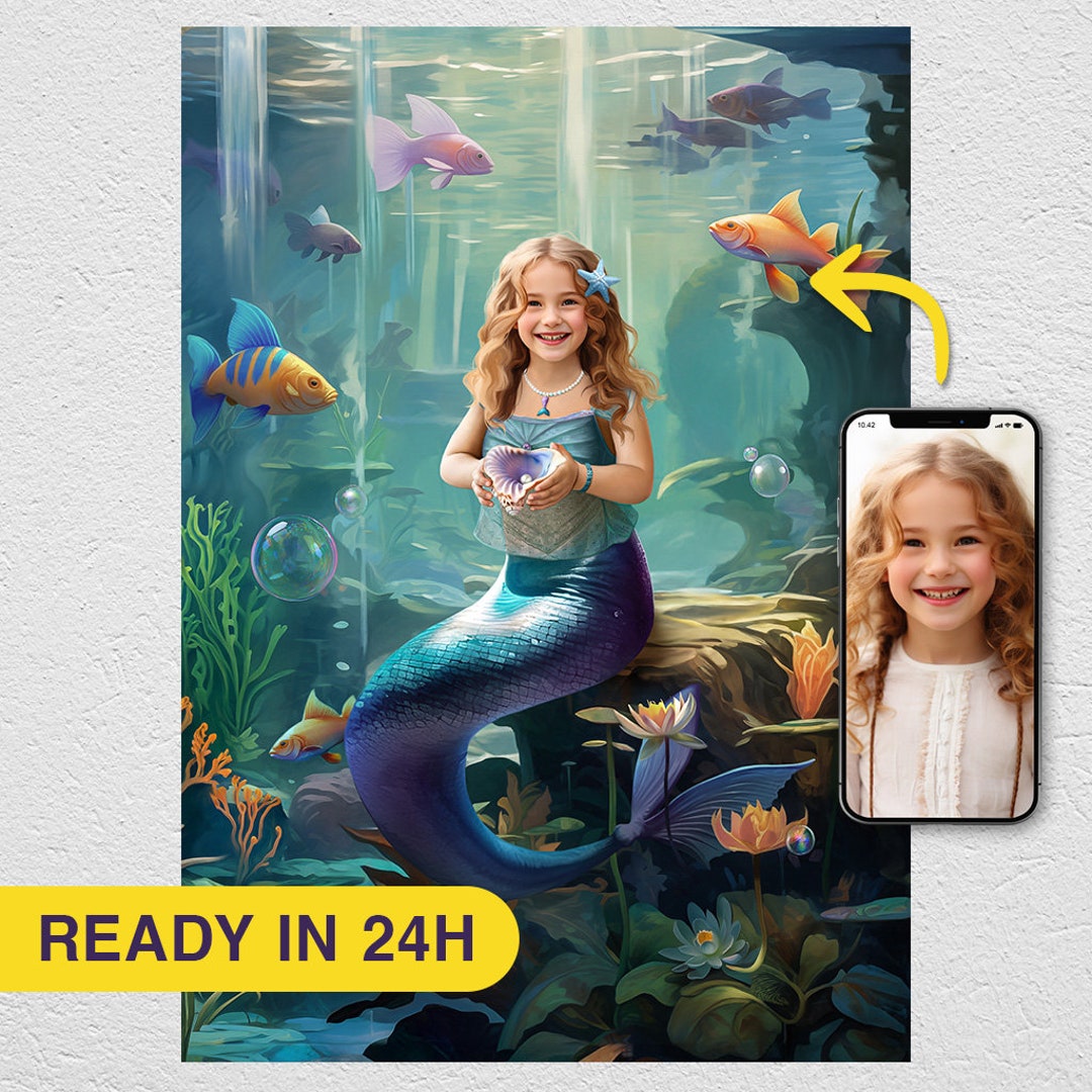 Custom Mermaid Portrait From Photo, Printed Canvas Wall Art Gift for ...