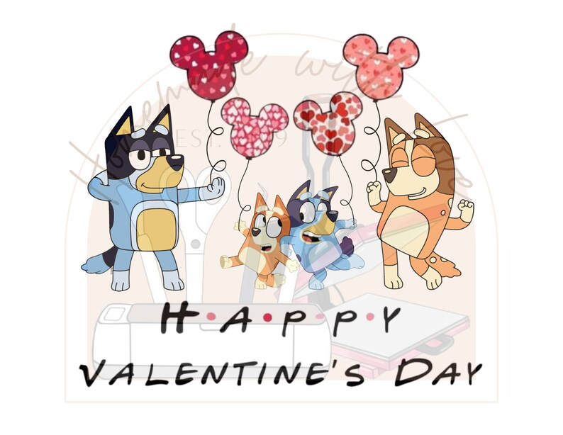 BLUEY DANCING FAMILY Happy Valentines Day, Balloons, Hearts, Bingo, Mum ...