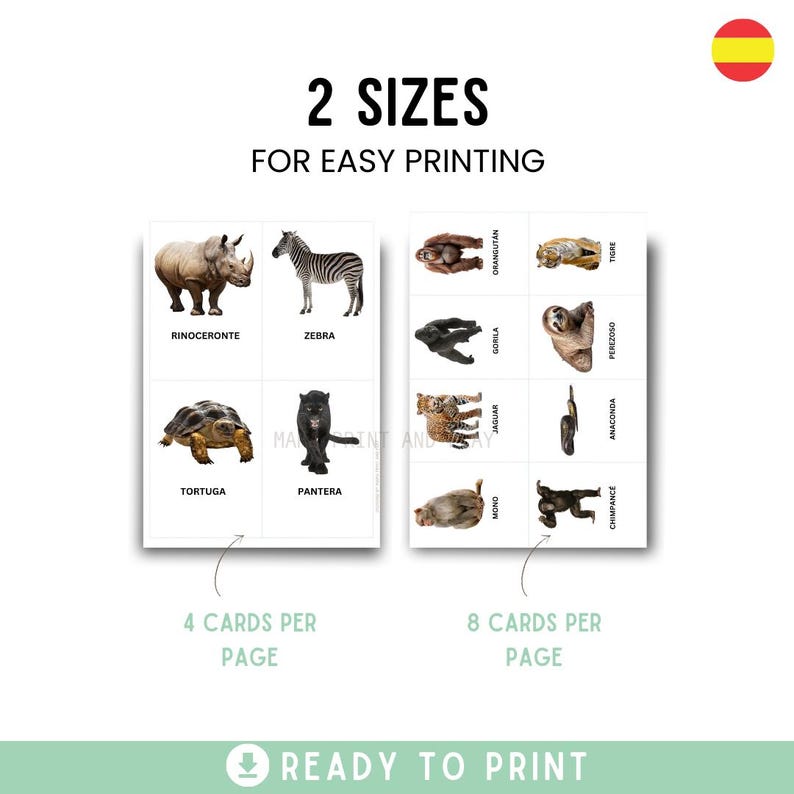 JUNGLE ANIMALS SPANISH Flashcards, Montessori Spanish Flashcards, Pre ...