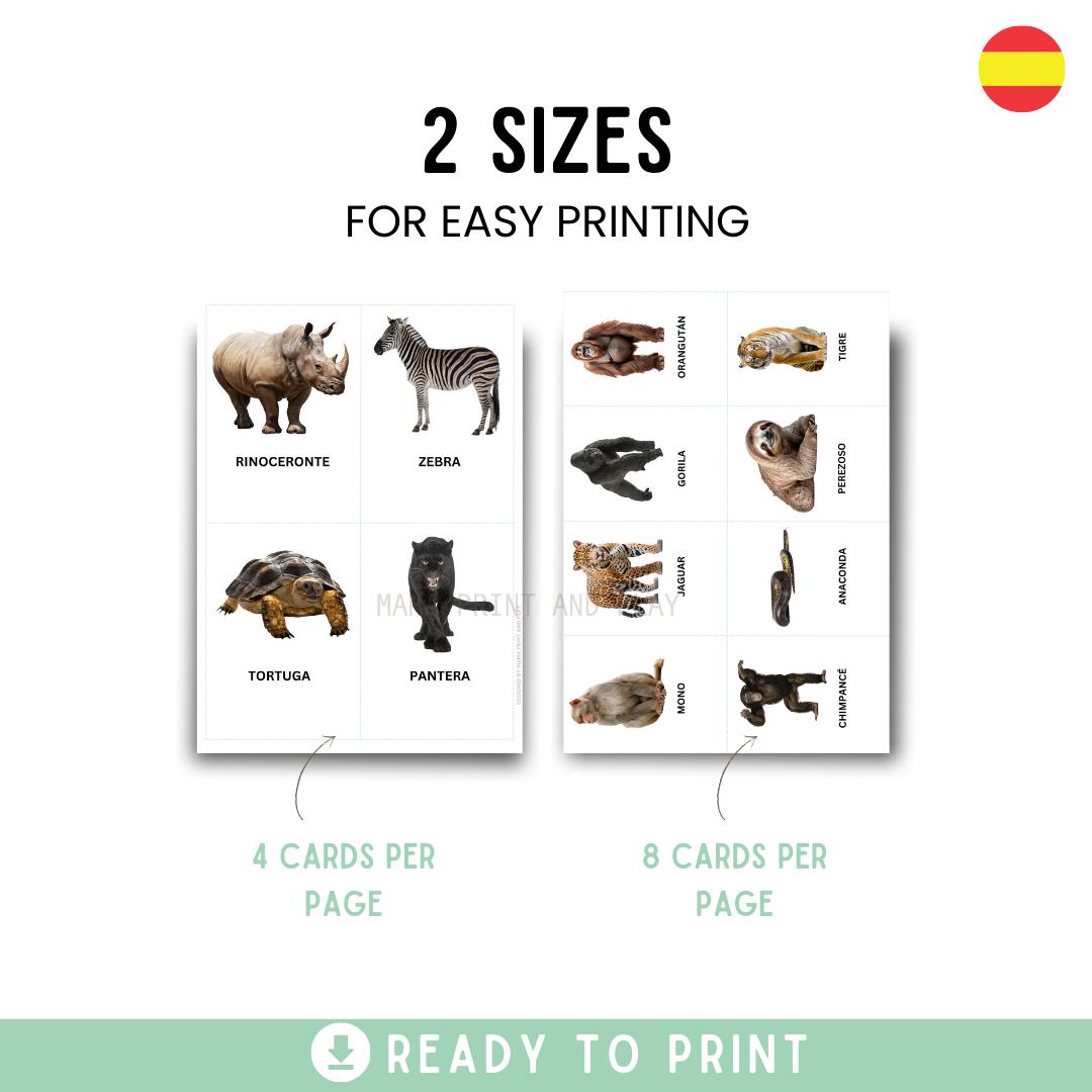 JUNGLE ANIMALS SPANISH Flashcards, Montessori Spanish Flashcards, Pre ...