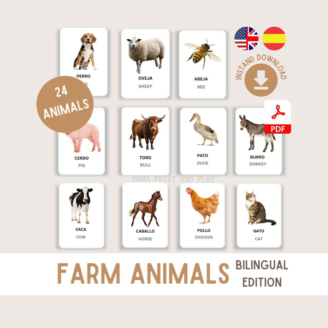 24 Farm Animals Cards BILINGUAL EDITION Montessori Cards Flashcards PDF ...