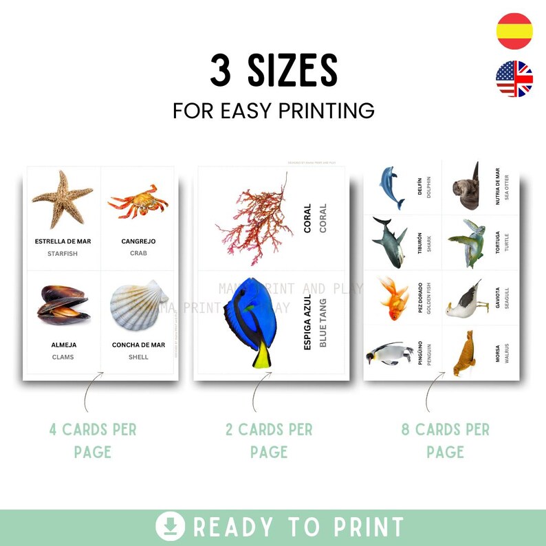 OCEAN ANIMALS Spanish / Sea Animals Flashcards, Three-part Montessori ...