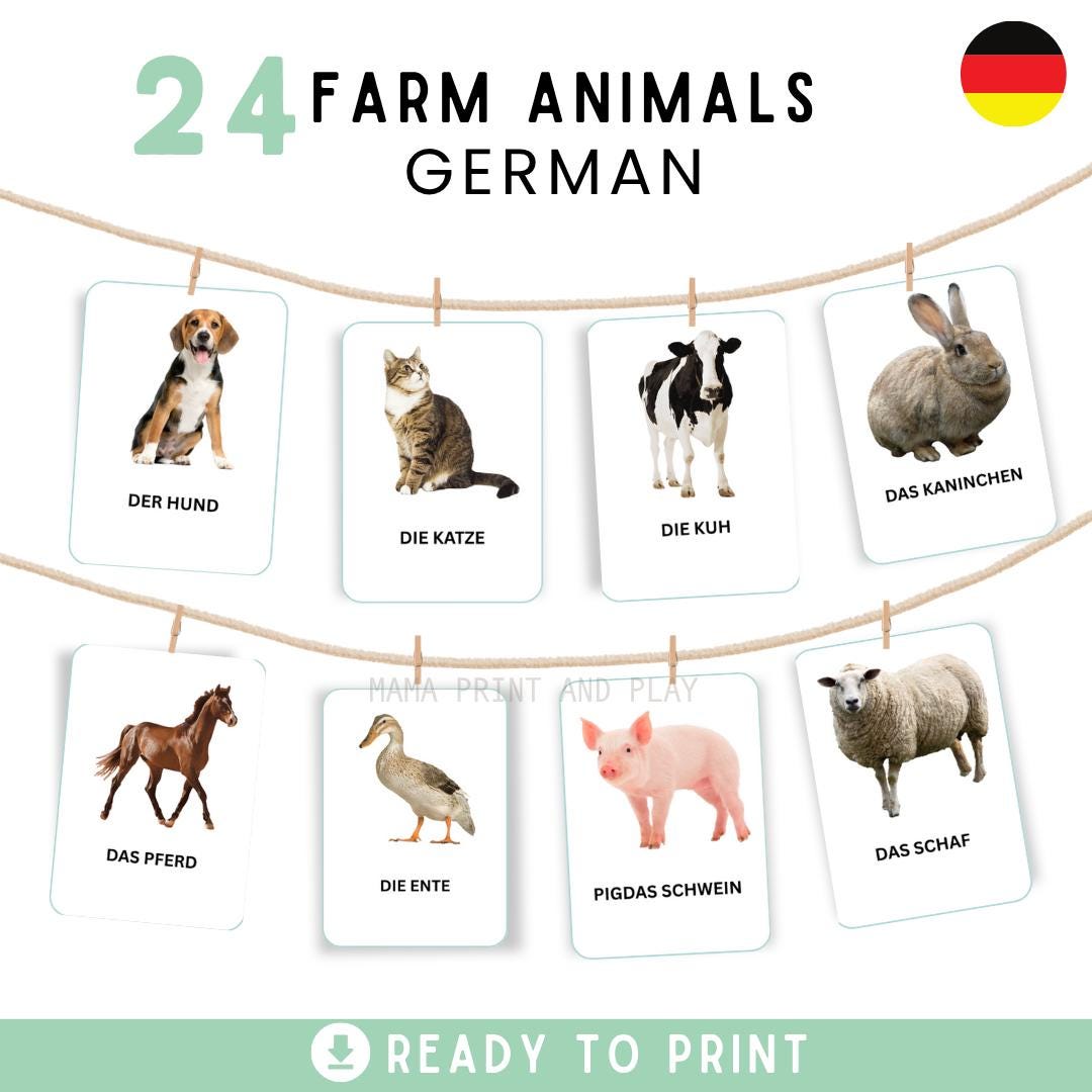 FARM ANIMALS GERMAN • 24 German and 24 English Montessori Cards • Flash ...