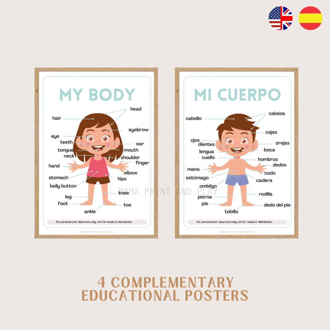 36 Body Parts Bilingual Cards, Montessori Flashcards, Preschool Cards ...