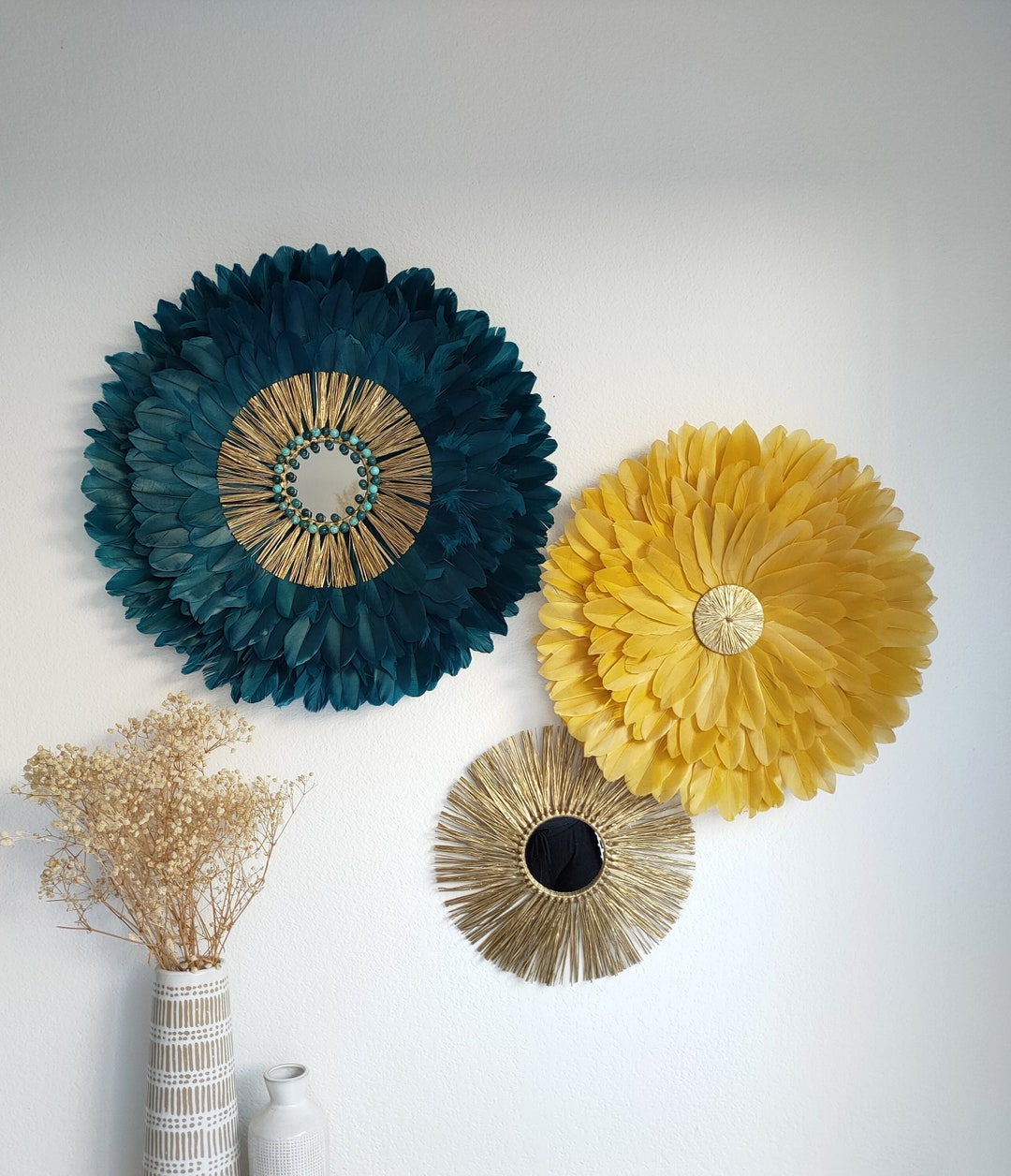 Trio ara Duck Blue and Mustard Feathers Raffia Apatite/turquoise - Etsy