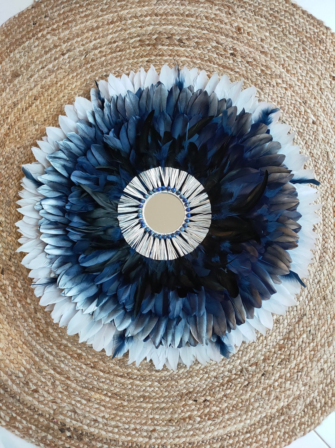 Jujuhat SILVER BLUE plumes grises, bleu marine et noires raphia argenté ...