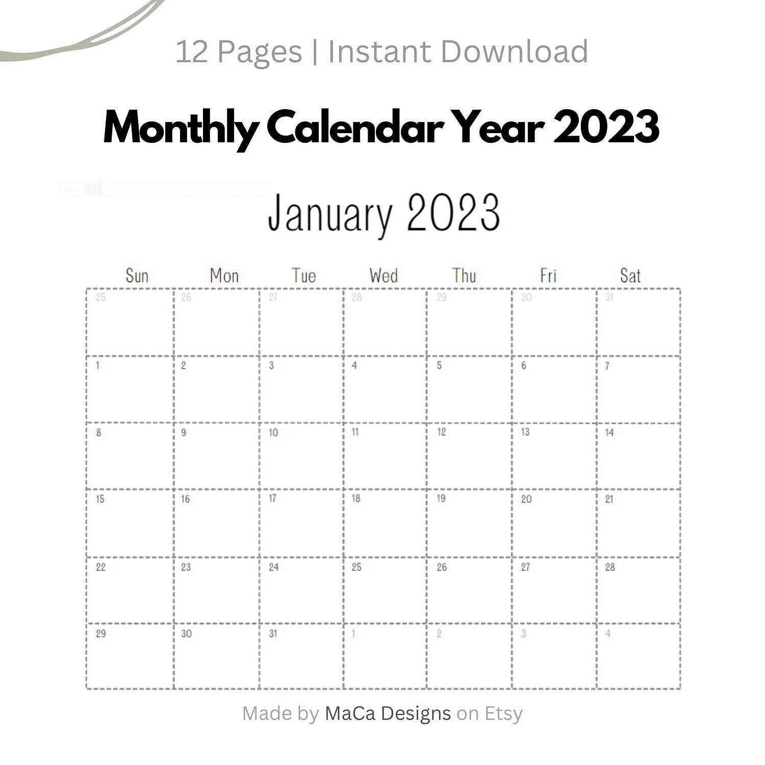 Monthly Calendar 2023, Printable Calendar, Calendar Template, Simple ...