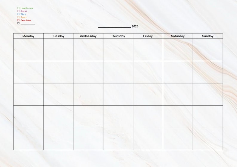 Monthly Calendar Template Marble - Etsy