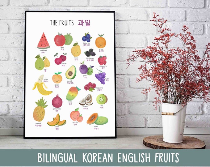 Korean & English Fruits, Bilingual Preschool Educational Poster ...