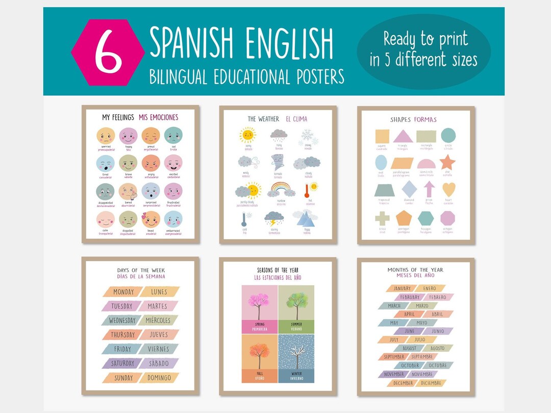 6 Spanish English Bilingual Preschool Posters, Toddler Learning Poster ...