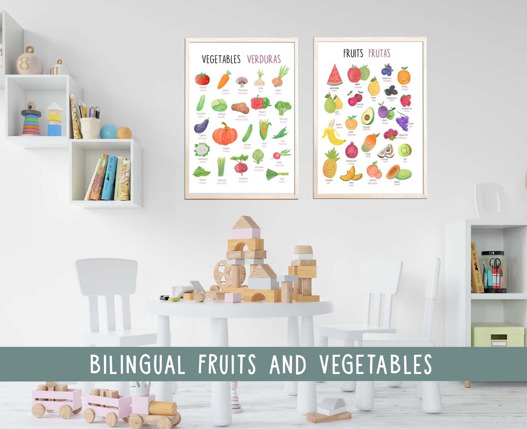 Set of 2 Bilingual Fruits and Vegetables Educational Posters, Spanish ...